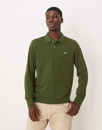 GANT Polo en piqu&eacute; &agrave; manches longues et logo bouclier - Vert fonc&eacute;