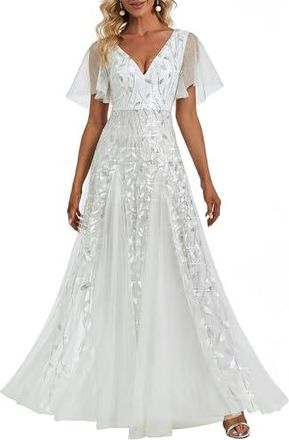 Ever-pretty Robe de Mariée Pas Cher Paillettes et Tulle A Line Col V Manches Courtes Blanc 50
