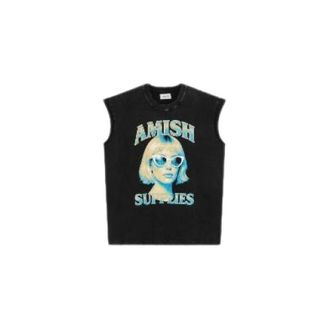 Amish Homme, Tops, Noir, Taille: XL Long Hair Marmo Broken Muscle Tee