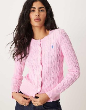 Polo Ralph Lauren Baumwoll-Strickjacke in Hellrosa mit Markenlogo und Zopfmuster