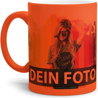 Tassendruck Tasse selbst individuell gestalten/Personalisierbar mit eigenem Foto Bedrucken/Fototasse/Motivtasse/Werbetasse/Firmentasse mit Logo/Neon - Orange - Ma