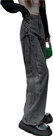 Minetom Femme Pantalon Taille Haute Jeans avec Poches Vintage Casual Cargo Ample Denim Pantalon Streetwear R Gris S