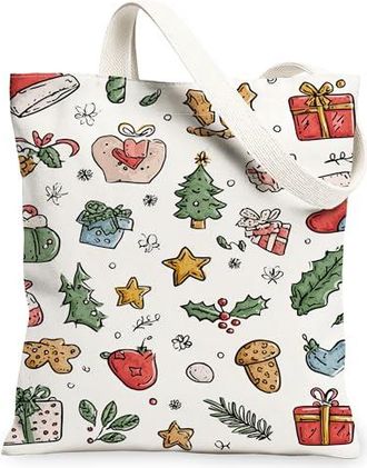 Generic Sacs fourre-tout en toile amusants de No&euml;l, motif vacances, sacs d&eacute;picerie r&eacute;utilisables, vintage l&eacute;gers et lavables avec bandouli&egrave;re pour les voyages