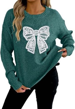 Generic Pull de Noël pour femme en dentelle brodée avec noeud et col rond - Pull tricoté décontracté à manches longues, Vert, M