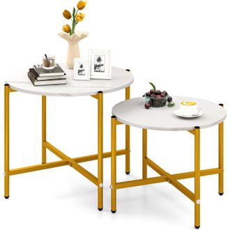 Costway Tables Basses Gigognes Rondes de 55 cm et 65 cm avec Cadre en M&eacute;tal, Ensemble de Tables dAppoint pour Salon, Chambre, Blanc