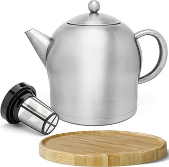 Bredemeijer große matte doppelwandige Edelstahl Teekanne 2.0 Liter & brauner Untersetzer aus Holz & Edelstahl Tee-Filter-Sieb-Aufsatz für losen Tee oder Teebeutel