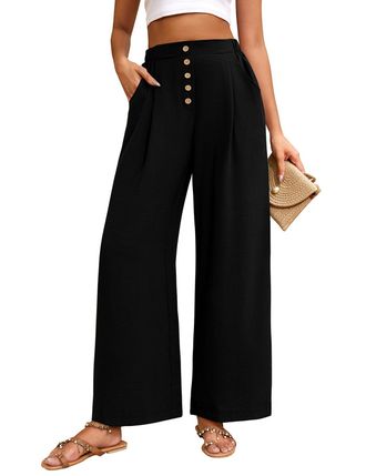 Heekpek TOMEEK Hose Damen Sommer Hight Waist Leichte Sommerhose Weites Bein Freizeithose Bequeme Elegante Lockere Gerade Damen Hosen mit Taschen Knopfleiste(S