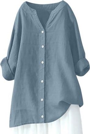 Generic Hauts &agrave; manches longues pour femmes, chemisiers d&eacute;contract&eacute;s et &eacute;l&eacute;gants d&eacute;t&eacute; en coton et lin, chemisiers &agrave; col en V avec boutons, manches retroussabl