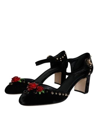 Dolce & Gabbana Womens Black Velvet Roses Ankle Strap Pumps Shoes Viscose Silk