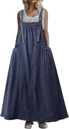 Minetom Robe en Jeans Salopette Femme Grande Taille Maxi Robe Été Vintage sans Manche Robe en Denim Longue Robe Salopette avec Poches A Bleu Foncé XL