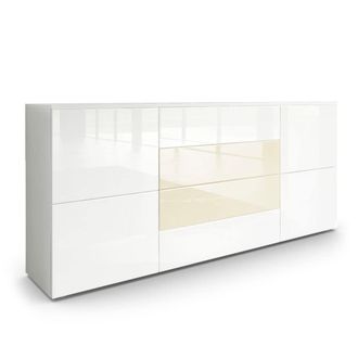 Vladon Sideboard Rova, Made in Germany, Kommode mit 4 T&uuml;ren und 4 Schubladen, Wei&szlig; matt/Wei&szlig; Hochglanz/Creme Hochglanz (166 x 72 x 35 cm)