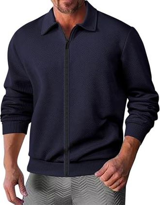 Generic Cardigan d&eacute;contract&eacute; et tendance &agrave; manches longues pour homme avec revers ample et fermeture &eacute;clair, bleu marine, S