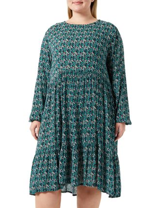 Kaffe Damen Damenkleid mit Langen Ärmeln, Rundhalsausschnitt, unterhalb der Knielänge, Bedruckt, lässige Passform Kleid, Grüner Blumen-und Blattdruck, 42