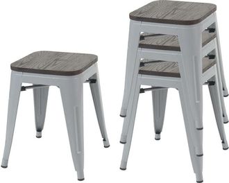 Hhg Neuwertig] 4er-Set Hocker HHG 771 inkl. Holz-Sitzfl&auml;che, Metallhocker Sitzhocker, Metall Industriedesign stapelbar grau