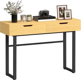 HOMCOM Console meuble - HOMCOM - &eacute;troite - 2 tiroirs - cadre en m&eacute;tal, sans poign&eacute;es - panneau de particules - 110x35x76,5cm - bois naturel