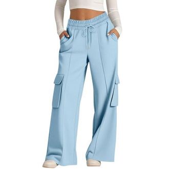 Generic Pantalon de surv&ecirc;tement pour femme avec poches taille haute et jambes larges avec poches, bleu ciel, XL