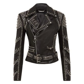 Philipp Plein Femme, Vestes, Noir, Taille: 40 FR Leather Biker Studs