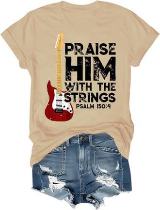 Generic T-shirt guitare chr&eacute;tienne &laquo; Praise Him with The Strings &raquo; pour femmes et hommes, kaki, XL