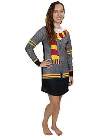 Harry Potter Hogwarts Gryffondor Chemise de nuit à manches longues pour femme, Noir/gris, M