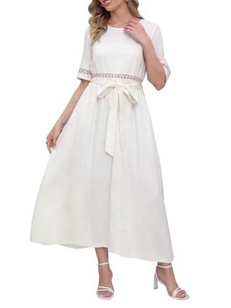 Generic Robe midi en lin m&eacute;lang&eacute; pour femme - Coupe ample - Col rond - Manches courtes en dentelle - Style d&eacute;contract&eacute;, Blanc., M