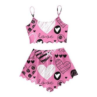 Generic Ensemble pyjama sans manches et short imprim&eacute; coeur pour femme 2026, rose, XXL