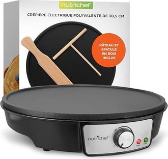 Nutrichef NutriChef Crêpière Électrique 30 cm - Plaque en Aluminium Antiadhésive avec LED, Thermostat Réglable, Spatule Bois et Râteau Inclus