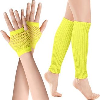 Satinior Set de Jambière Néon Gants en Résille des Années 80 Jambières Côtelées Gants Courts en Résille (Jaune Fluorescent)