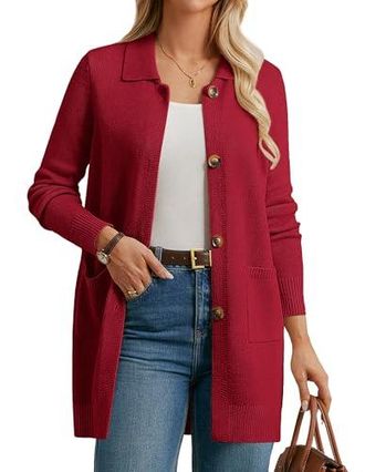 Grace Karin Cardigan long &agrave; manches longues et col &agrave; revers boutonn&eacute; avec poches pour femme, L