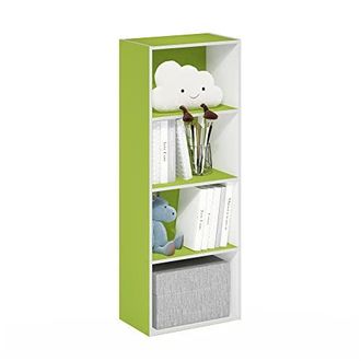 Furinno Luder Bibliothèque ouverte à 4 étages, Blanc/Vert, 4-Tier