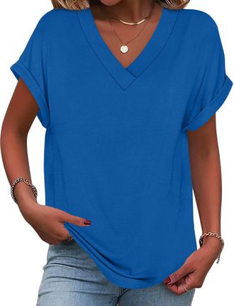 Onsoyours Tshirt Damen V-Ausschnitt Kurzarm T-Shirt Sommer Locker Oberteile Elegant Lässig Shirt A Blau XXL