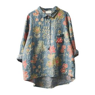 Generic Chemisier Femmes Coton Et Lin Chic D&eacute;contract&eacute; Chemises D&eacute;t&eacute; &Agrave; Manches Longues Col V L&acirc;che Tops L&eacute;ger Respirant Tunic Mode Coton Et Lin Chic Et Elegan