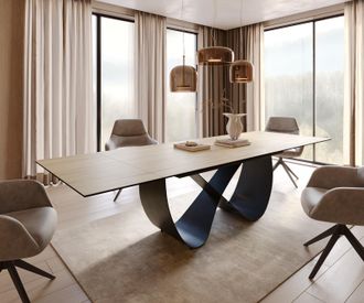 DELIFE Esstisch Edge 200-300x100 cm Keramik Laminam Sabbia Eichefarbig Infinity Metall Schwarz ausziehbar, Esstische