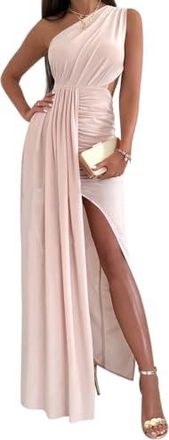 ORANDESIGNE Robe De Soiree Femme Chic Et Glamour Longue Elegant Ceremonie Mariage Robe Cocktail Une Seule Manche Épaules Dénudées Maxi Dress C Rose XS