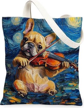 Generic Sac fourre-tout r&eacute;utilisable en toile pour le shopping, motif bouledogue fran&ccedil;ais, 33 x 38 cm, motif violon nocturne &eacute;toil&eacute;, sac d&eacute;picerie pour femme,