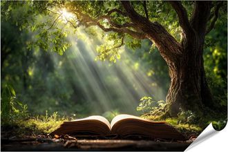 Islandburner Prime Bild Poster Magisches Baumlicht und offenes Buch im Wald f&uuml;r Wohnzimmer Naturfreunde Buchhandlung Premium Bilder Fotodruck