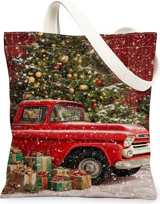 Generic Sacs fourre-tout en toile vintage de No&euml;l, motif rustique, sacs d&eacute;picerie r&eacute;utilisables, l&eacute;gers et lavables, Rouge, 13x15 Inch