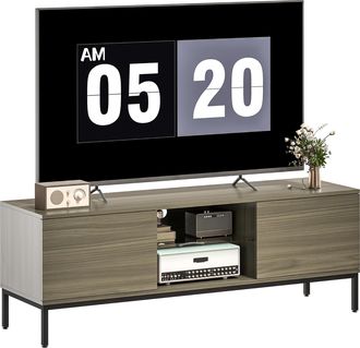 HOMCOM TV-M&ouml;bel 140 cm mit 2 T&uuml;ren und verstellbarem Glasregal, modernes TV-M&ouml;bel f&uuml;r Fernseher bis zu 60 Zoll, TV-Bank f&uuml;r Wohn- oder Schlafzimmer, grau