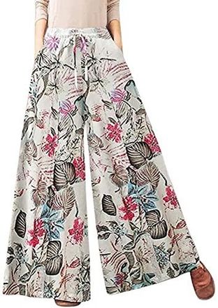Lazutom Pantalon Palazzo taille haute pour femme - Style vintage - Motif floral - Jambe large, Rouge, 52
