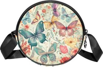 Generic Sac &agrave; bandouli&egrave;re rond pour femme, motif papillon, fleurs, petit sac &agrave; bandouli&egrave;re avec fermeture &eacute;clair, bretelles r&eacute;glables, sac &agrave; main rond d&eacute;contr