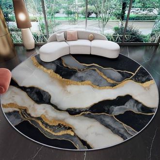 Generic Tapis Rond Salon 160 cm, Blanc Noir Lavable Antid&eacute;rapant Tapis, Abstrait Texture Motif marbr&eacute; Lignes Imprim&eacute; Carpette Convient pour la Chambre la Sall