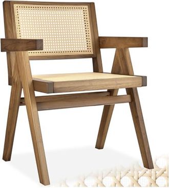 TecTake Chaise de Salle &agrave; Manger Design en Ch&ecirc;ne Bois Massif & Cannage Chaise de Table &agrave; Manger avec Accoudoirs Confortable pour Coiffeuse, Chambre, Cuisine, 