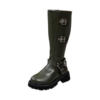 Generic Bottes hautes pour femme - Larges mollets - Style d&eacute;contract&eacute; - &Eacute;l&eacute;gantes - Couleur unie - Bout rond - Talon &eacute;pais - Boucle - Fermeture &eacute;clair lat&eacute;ral