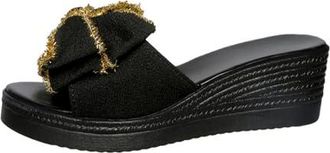 Generic Sandales compens&eacute;es &agrave; bout ouvert avec noeud paillet&eacute; pour femme, chaussures d&eacute;t&eacute; d&eacute;contract&eacute;es l&eacute;g&egrave;res, Noir, 40.5 EU