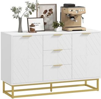 HOMCOM Buffet, Meuble Cuisine Rangement, Design Contemporain Graphique, 2 placards Porte, &eacute;tag&egrave;res r&eacute;glables, 3 tiroirs coulissants, Bois Blanc m&eacute;tal dor&eacute;, 1