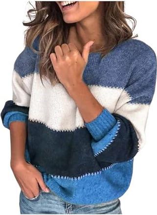 Generic Pull Chaud Femme Manche Longue- Pull Hiver Rayures Couleur Assortie Col Rond Coupe Ample D&eacute;contract&eacute; Sweater Chic Et &Eacute;l&eacute;gants Confortable Doux Temp&eacute;ra