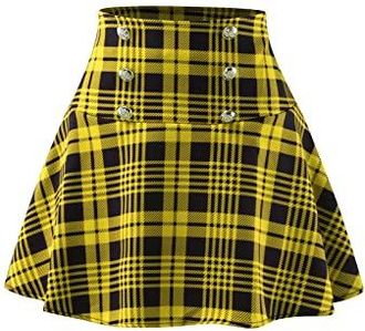 Generic Mini jupe plissée à carreaux pour femme - Taille élastique - Longueur genou - Costume de carnaval - Robe de fête, S - Jaune, M
