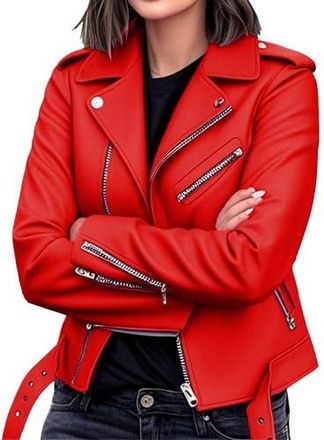 Generic Veste de motard en similicuir pour femme, manteau de moto en similicuir, veste aviateur tendance dautomne, rouge, taille XL