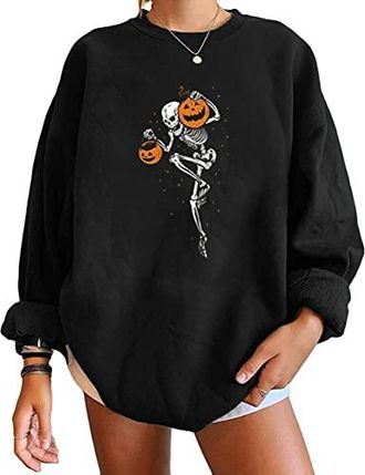 ORANDESIGNE Sweat-Shirt Femme à Manche Longue Col Rond Halloween T-Shirt Haut Imprimé Motif de Citrouille Lâche Pull Blouse Top Chemisier Décontracté Ample E Noir