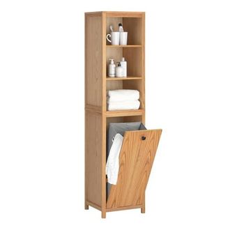 SoBuy Meuble Salle de Bain Armoire de Salle de Bain avec Sac &agrave; Linge, Meuble &Eacute;troit Colonne de Rangement 40x172x35 cm, MDF Naturel, Grande Capacit&eacute;, Facile 