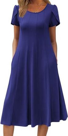 Zeagoo Robe d&eacute;t&eacute; &eacute;l&eacute;gante pour femme - Col rond - Pliss&eacute;e - Manches courtes bouffantes - Robe midi d&eacute;contract&eacute;e - Robe trap&egrave;ze avec poches - Taille S &agrave; XXL, 